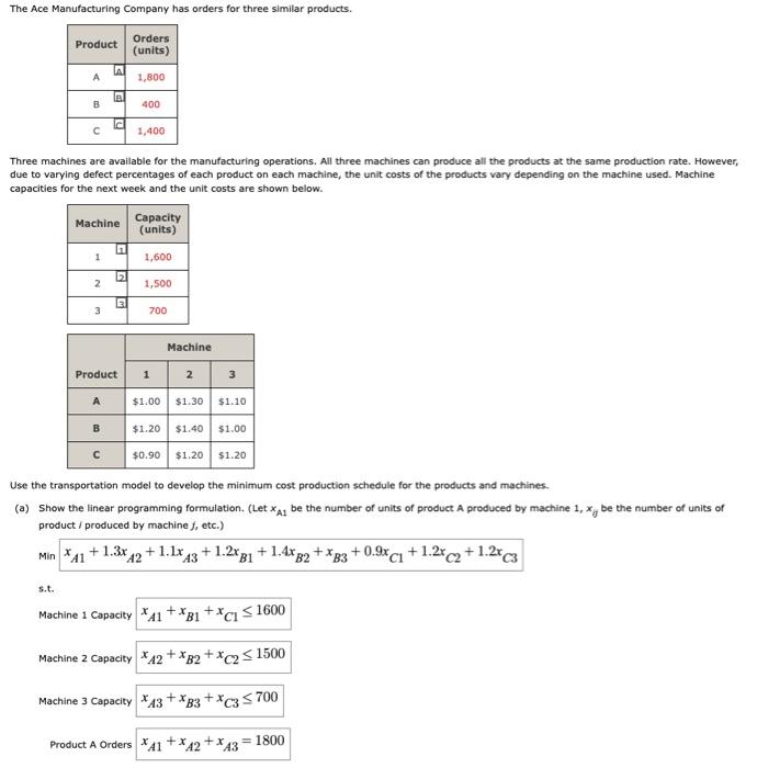 Solved The Ace Manufacturing Company has orders for three | Chegg.com