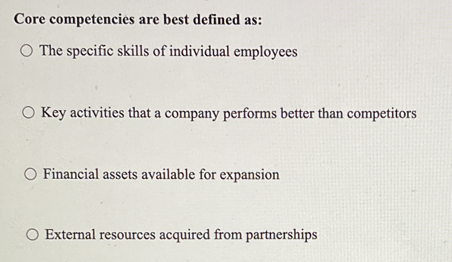 Solved Core competencies are best defined as:The specific | Chegg.com