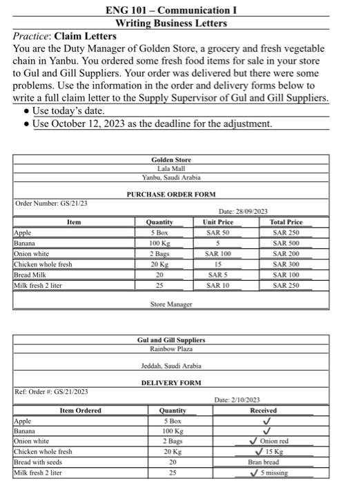 ENG 101 - Communication I Writing Business Letters | Chegg.com