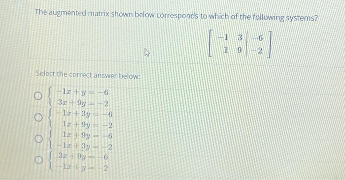 Solved The augmented matrix shown below corresponds to which | Chegg.com