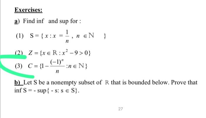 Solved Exercises: a) Find inf and sup for : (1) | Chegg.com