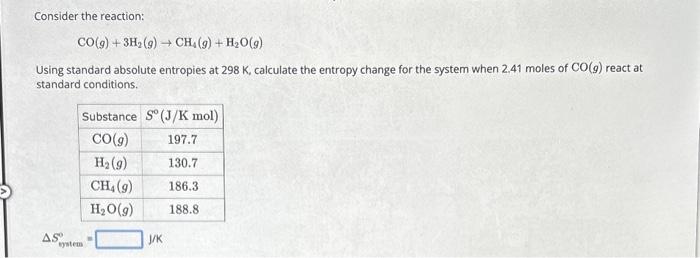 Solved Consider the reaction: CO(g)+3H2(g)→CH4(g)+H2O(g) | Chegg.com