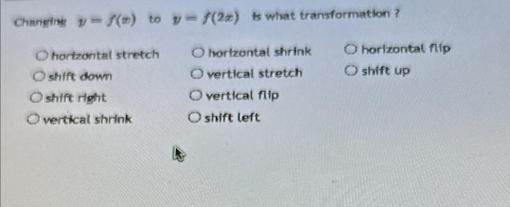 Solved Chansings y=f(x) ﻿to y=f(2x) ﻿is what transformation | Chegg.com