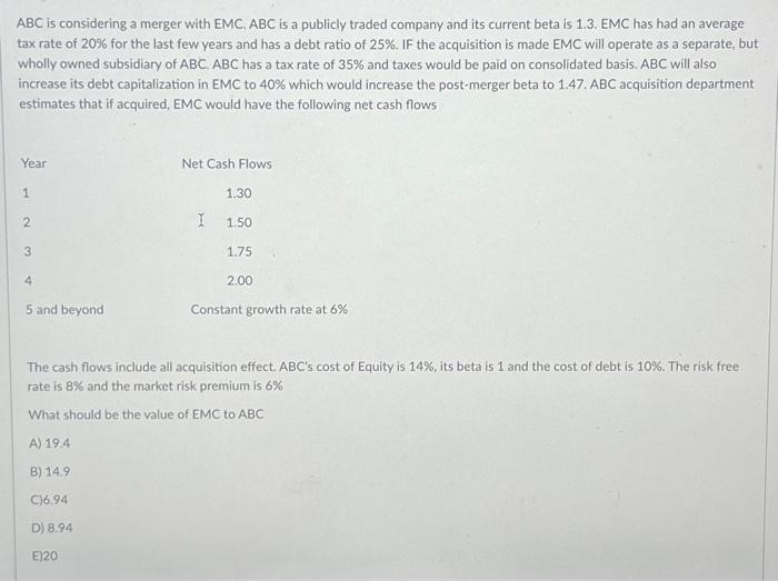 Solved ABC is considering a merger with EMC. ABC is a | Chegg.com