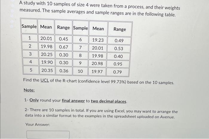 Solved A study with 10 samples of size 4 were taken from a | Chegg.com