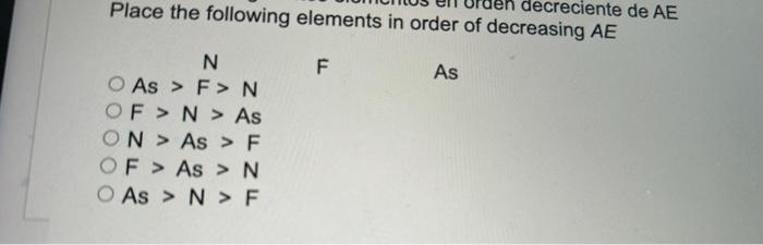 Solved Place the following elements in order of decreasing | Chegg.com