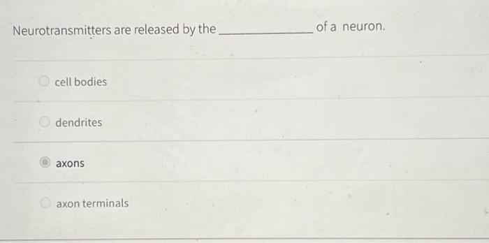 Solved Neurotransmitters are released by the of a neuron. | Chegg.com