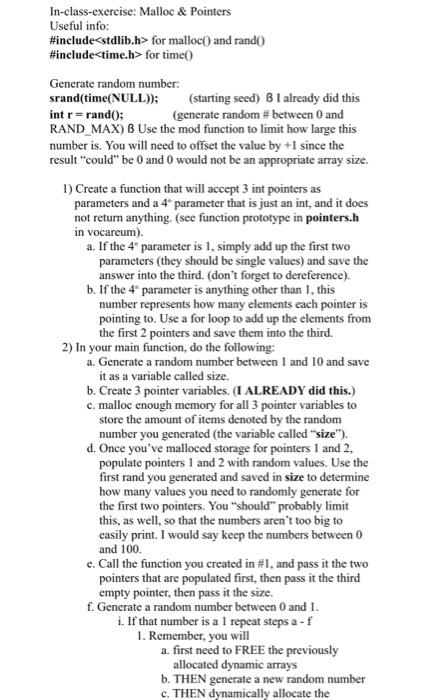 Solved In-class-exercise: Malloc & Pointers Useful info: | Chegg.com