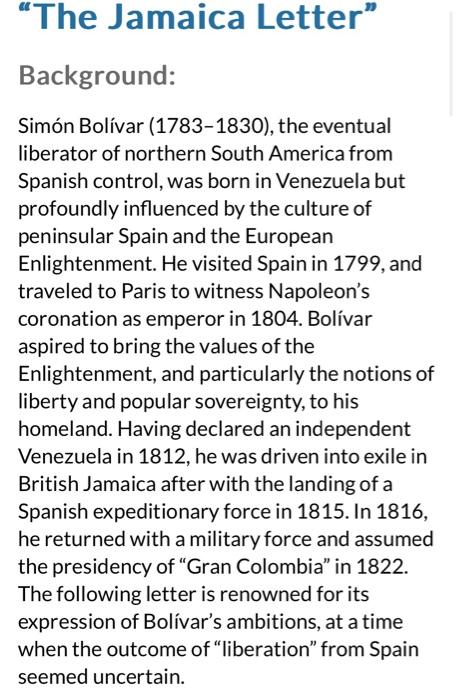 "The Jamaica Letter" Background: Simón Bolívar | Chegg.com