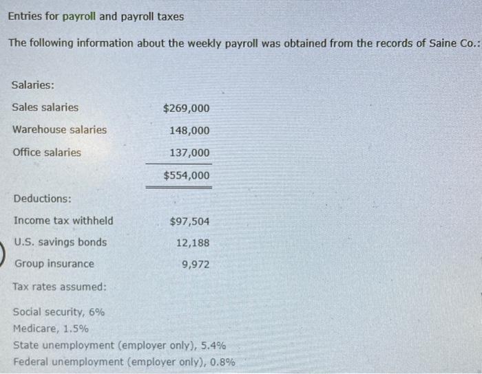 Solved Entries for payroll and payroll taxes The following | Chegg.com