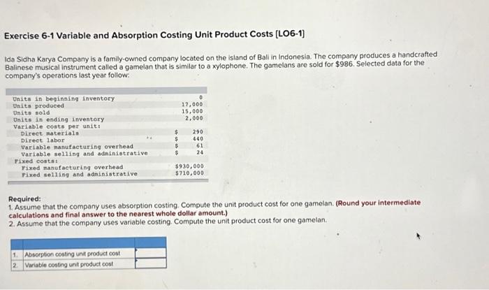 Solved Exercise 6-1 Variable and Absorption Costing Unit | Chegg.com