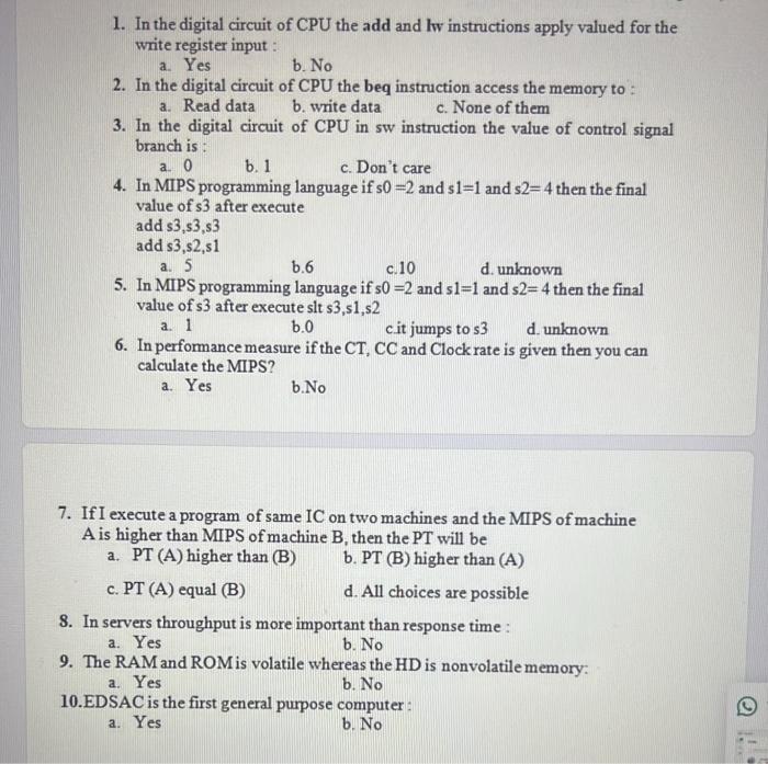 Solved 1. In the digital circuit of CPU the add and lw | Chegg.com