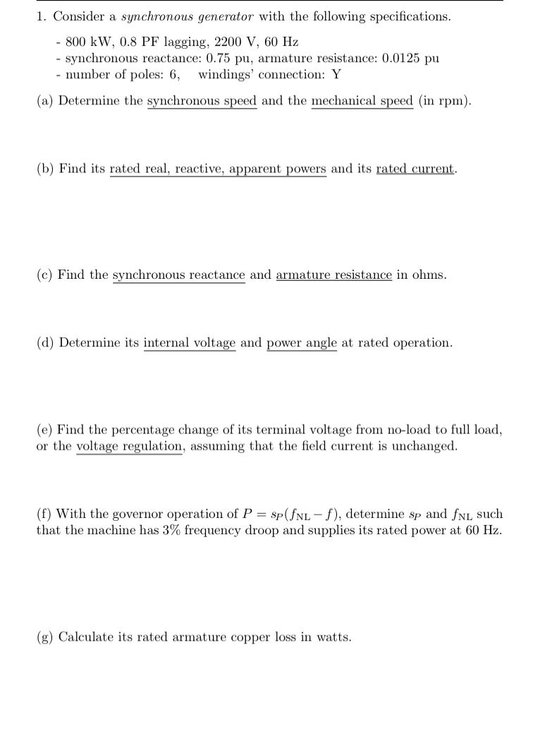 Solved Consider a synchronous generator with the following | Chegg.com