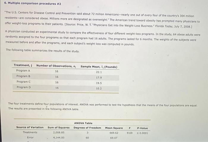 Solved 6. Multiple comparison procedures #2 "The U.S. | Chegg.com