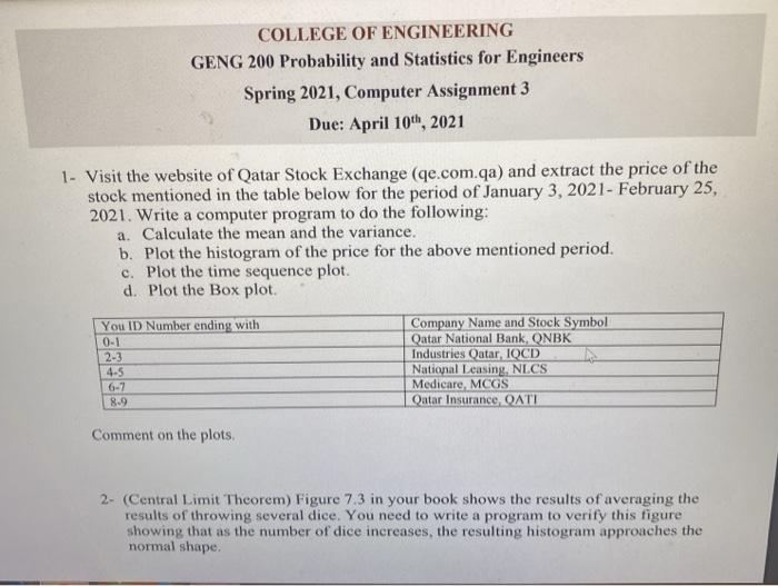 COLLEGE OF ENGINEERING GENG 200 Probability and | Chegg.com