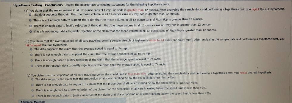 Solved Hypothesis Testing - Conclusions: Choose the | Chegg.com