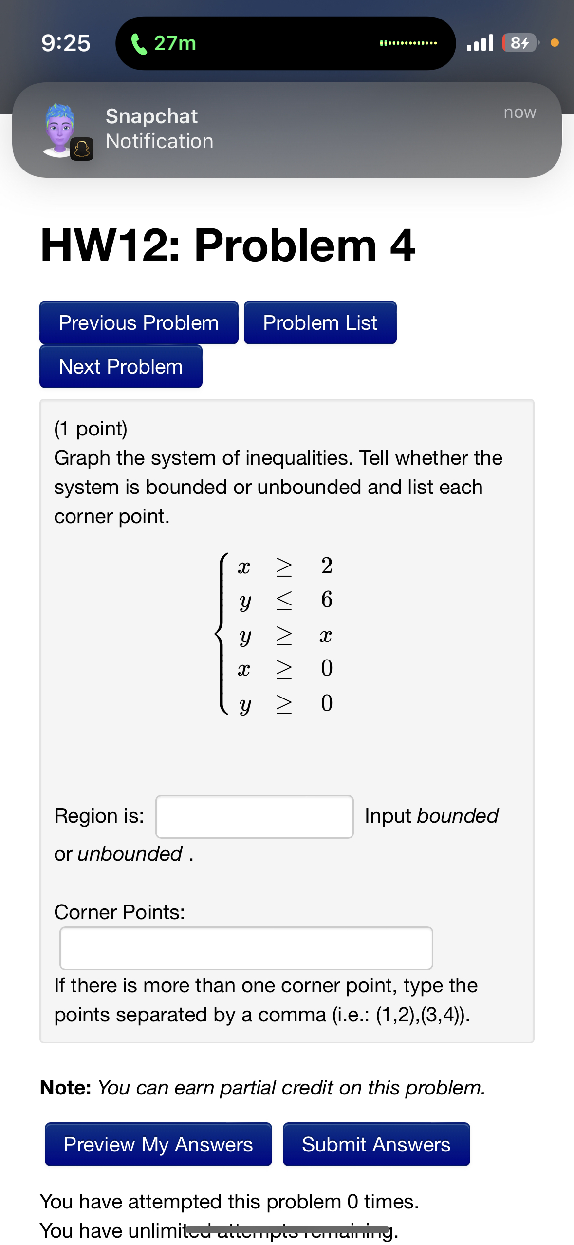 Solved 9:2527m84SnapchatnowNotificationHW12: Problem 4(1 | Chegg.com