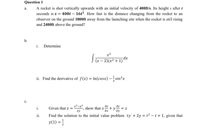 Solved a. Question 1 A rocket is shot vertically upwards | Chegg.com