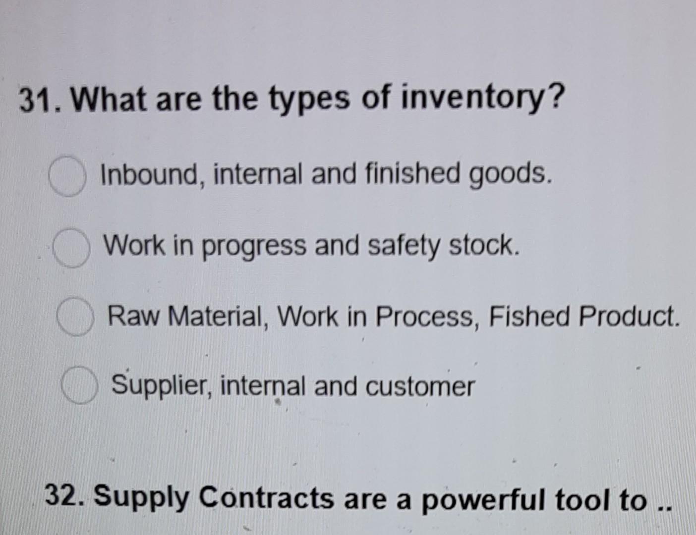 Solved 31. What are the types of inventory? Inbound, | Chegg.com