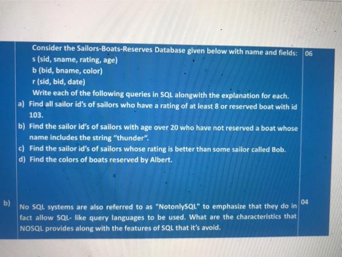 Solved Consider the Sailors-Boats-Reserves Database given | Chegg.com