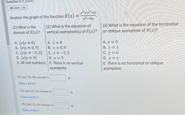 Solved Analyze the graph of the function R(x)=x2−9xx4+x2+6. | Chegg.com