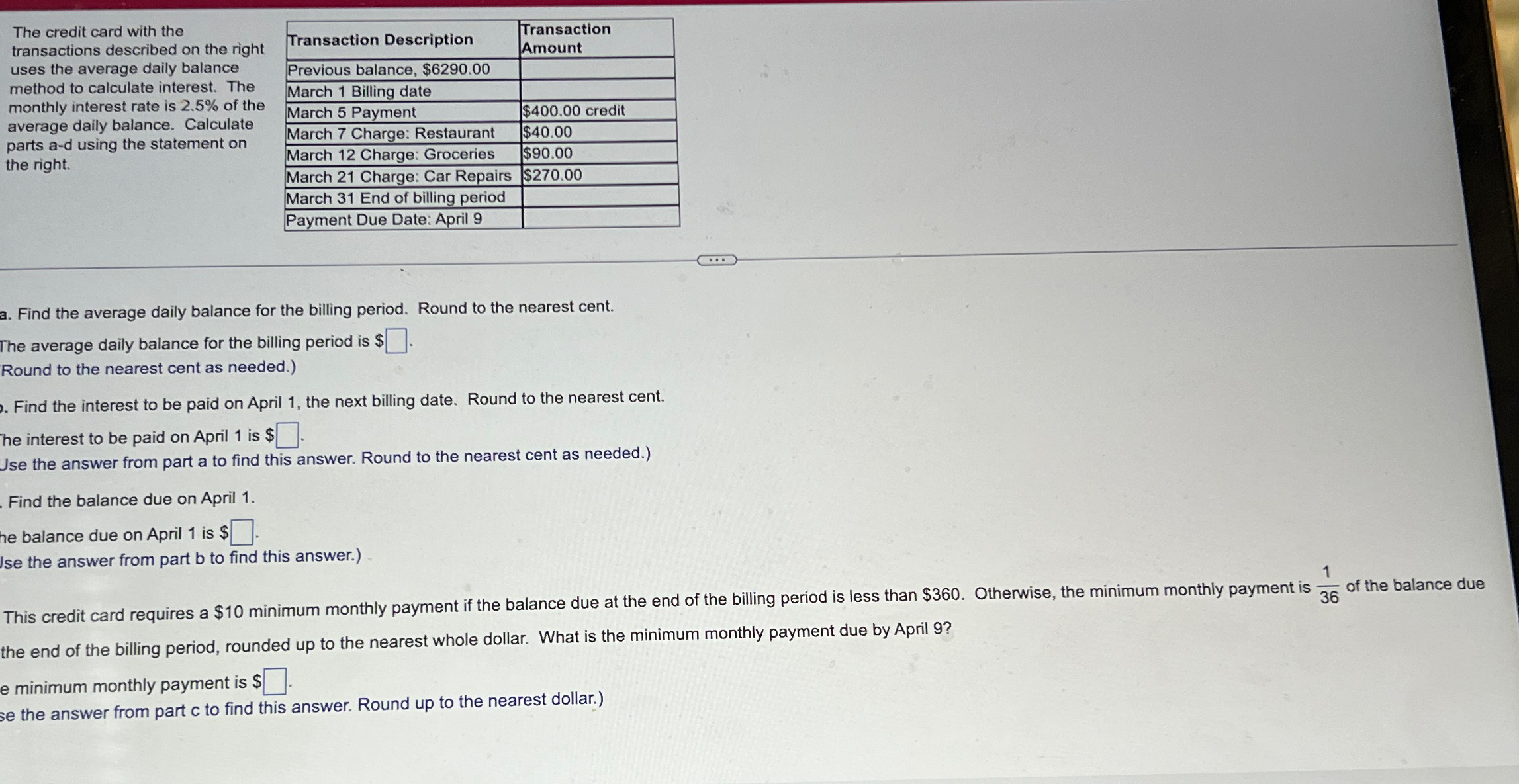Solved The credit card with the transactions described on | Chegg.com