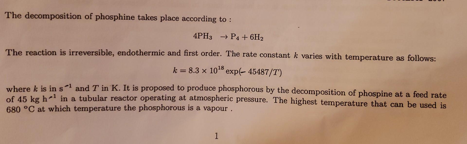 Solved The decomposition of phosphine takes place according | Chegg.com