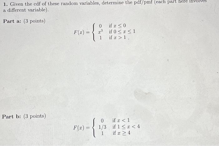 Solved 1. Given the cdf of these random variables, determine | Chegg.com