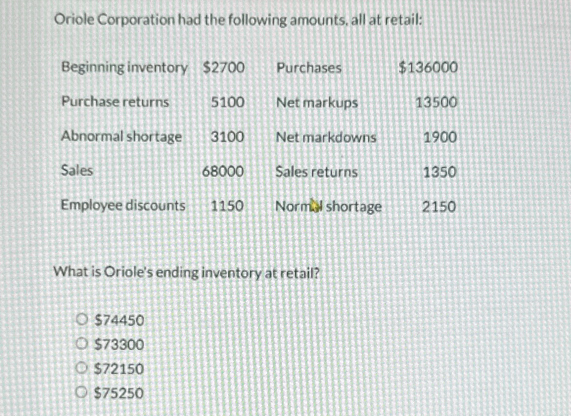 Solved Oriole Corporation had the following amounts, all at | Chegg.com