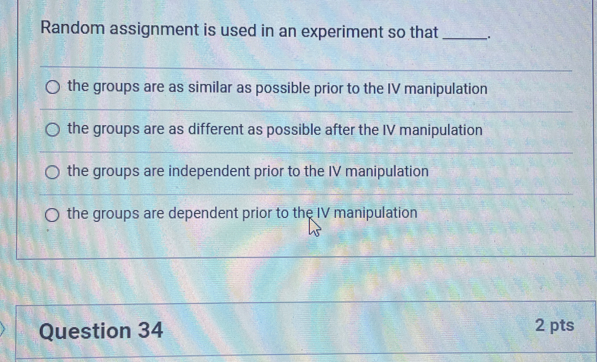 Solved Random assignment is used in an experiment so that | Chegg.com