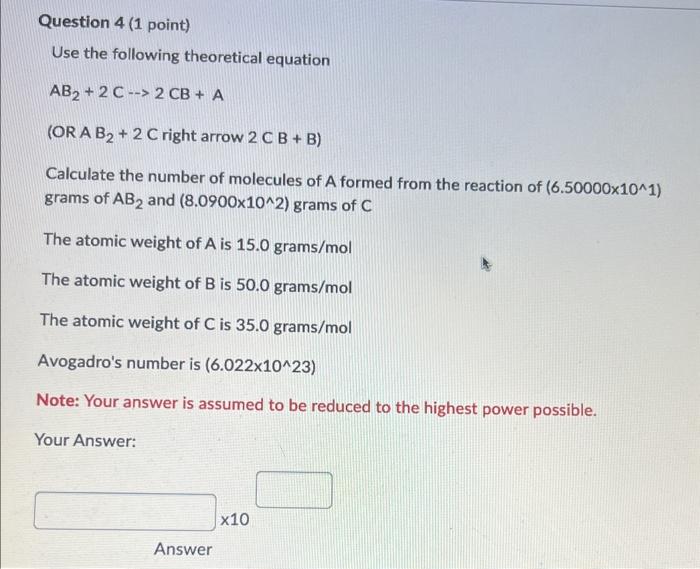 Solved Use the following theoretical equation AB2+2C→2CB+A | Chegg.com