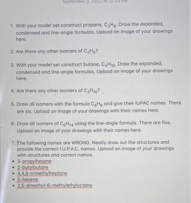 1. With your model set construct propane, C3H8. Draw | Chegg.com