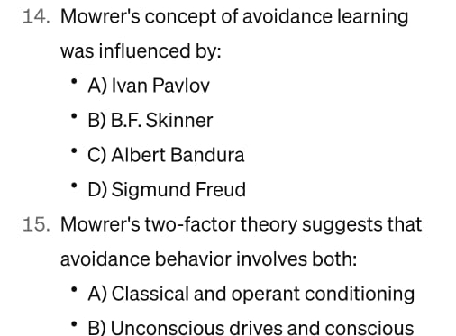 Solved Mowrer's concept of avoidance learning was influenced | Chegg.com