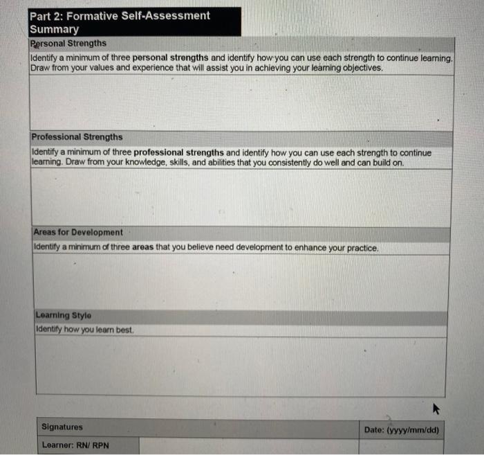 Part 2: Formative Self-Assessment Summary Personal | Chegg.com