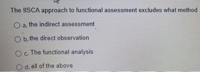 Solved The IISCA approach to functional assessment excludes | Chegg.com