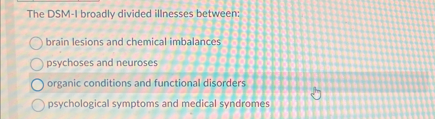 Solved The DSM-I broadly divided illnesses between:brain | Chegg.com