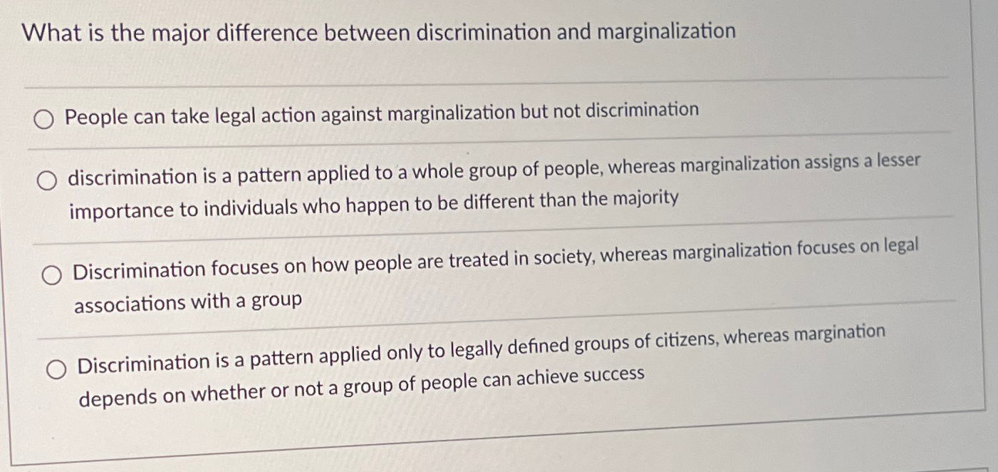 Solved What is the major difference between discrimination | Chegg.com