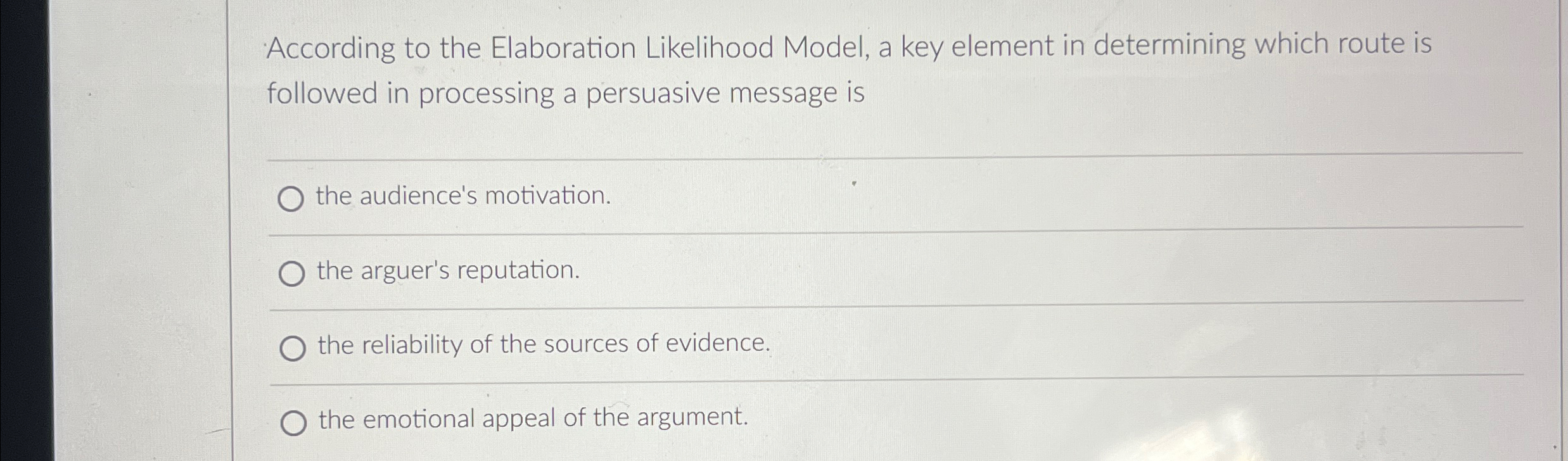 Solved 'According to the Elaboration Likelihood Model, a key | Chegg.com