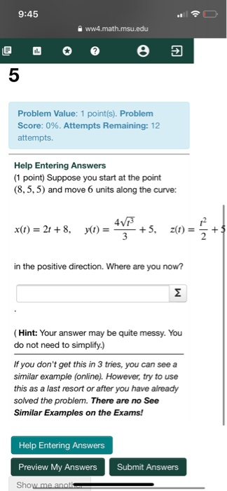Solved 9:45 . ww4.math.msu.edu 5 Problem Value: 1 point(s). | Chegg.com