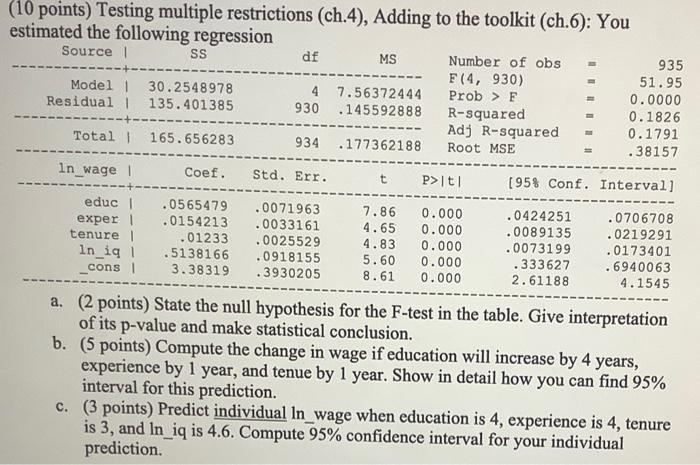 Solved (10 points) Testing multiple restrictions (ch.4), | Chegg.com