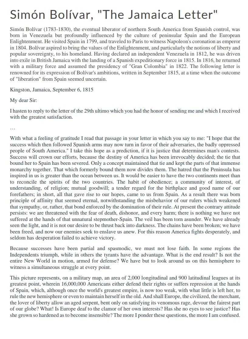 Simón Bolívar, "The Jamaica Letter" Simón Bolívar | Chegg.com