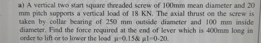 Solved a) ﻿A vertical two start square threaded screw of | Chegg.com