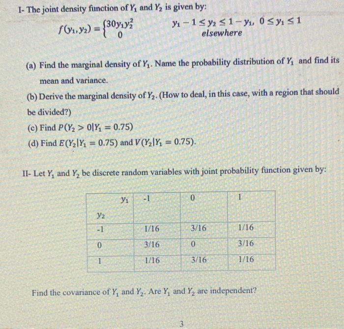 Solved I- The joint density function of Y1 and Y2 is given | Chegg.com