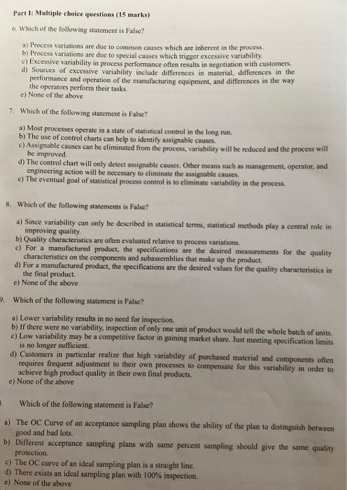 Solved Part I: Multiple choice questions (15 marks) 6. Which | Chegg.com