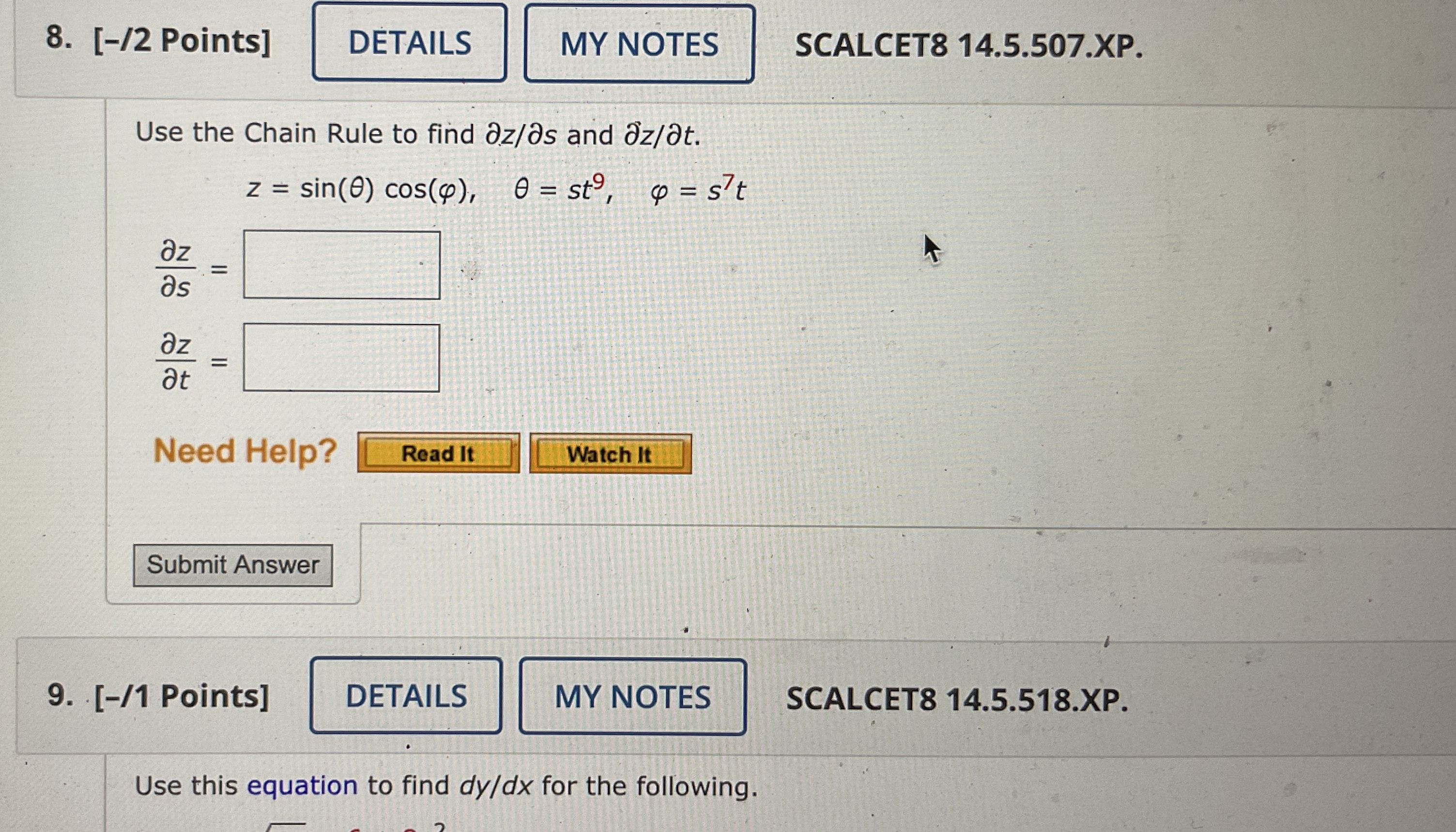 Solved Points] q, ﻿SCALCET8 14.5.507.XP.Use the Chain Rule | Chegg.com