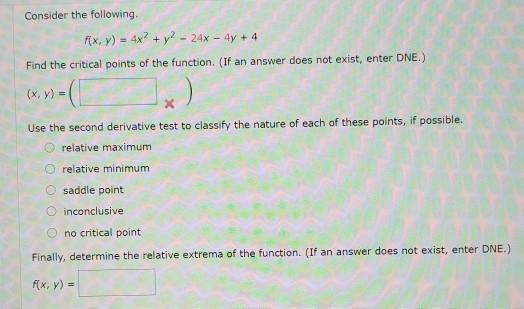 Solved Consider the following. f(x, y) = 4x2 + y2 - 24x - 4y | Chegg.com