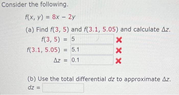 Solved Consider the following. f(x,y)=8x−2y (a) Find f(3,5) | Chegg.com