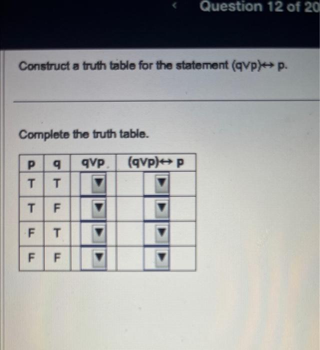 Solved Construct a truth table for the statement (qVp)↔p. | Chegg.com
