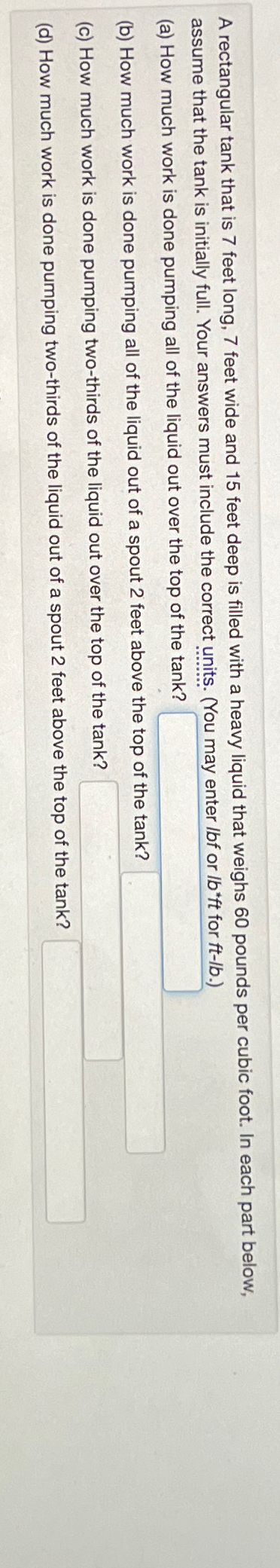 Solved A rectangular tank that is 7 ﻿feet long, 7 ﻿feet wide | Chegg.com