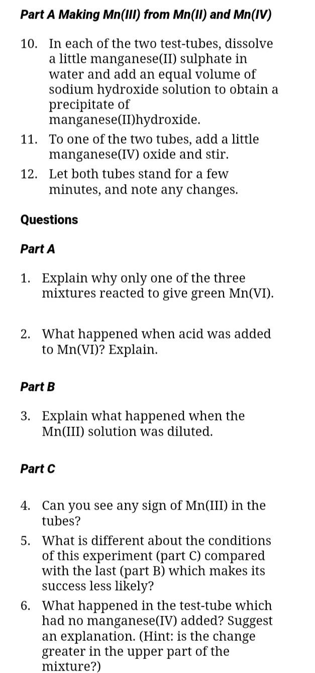 Solved Part A Making Mn(VI) from Mn(VII) and Mn(IV) 1. Put | Chegg.com